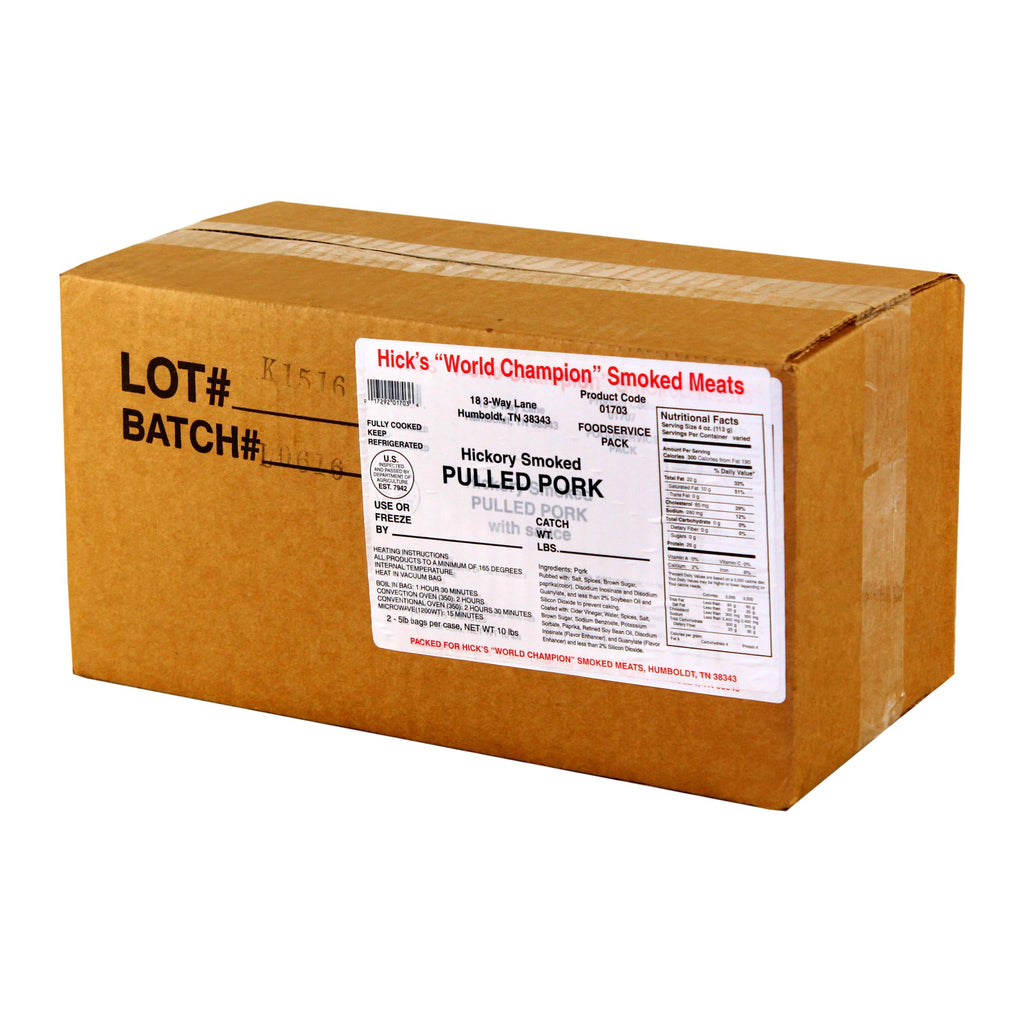 Hicks' Hickory Smoked Boneless BBQ Pulled Pork No Sauce 5 Pound Each
