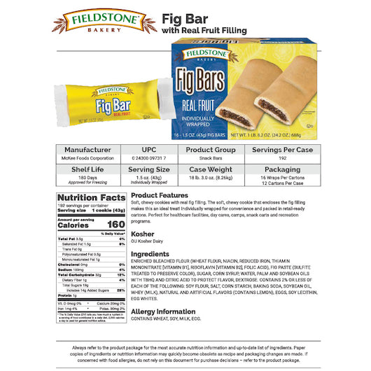 Fieldstone Bakery Fig Bar 12 Count Packs - 16 Per Case.