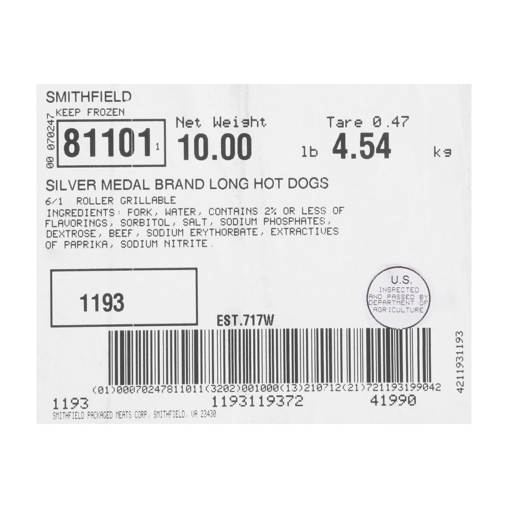 Smithfield Farmland Gold Medal 6/1 Long Hot Dog, 5.312 Pound, 1 Pack P