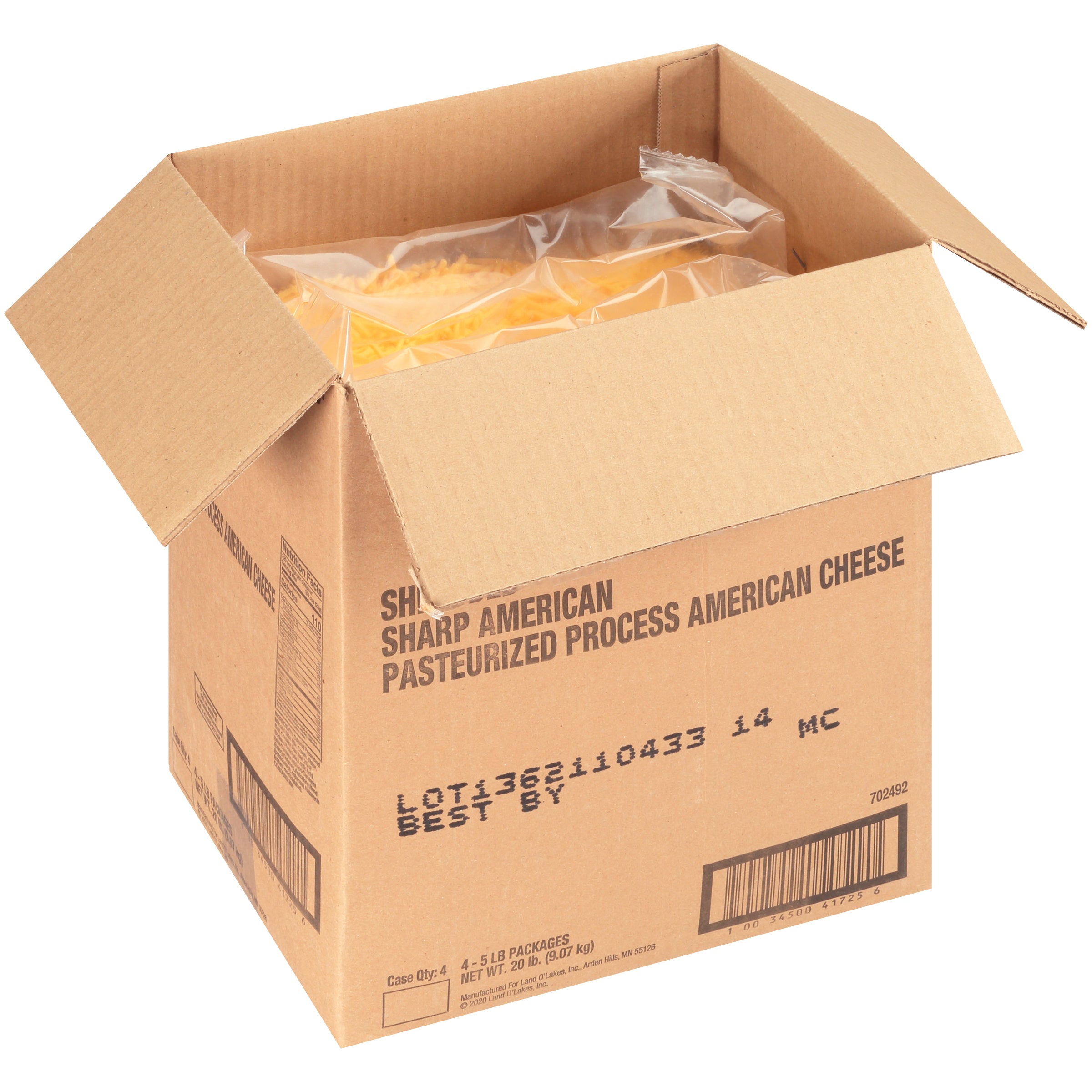 Land-O-Lakes Shredded Sharp American Cheese 5 Pound Each - 4 Per Case.