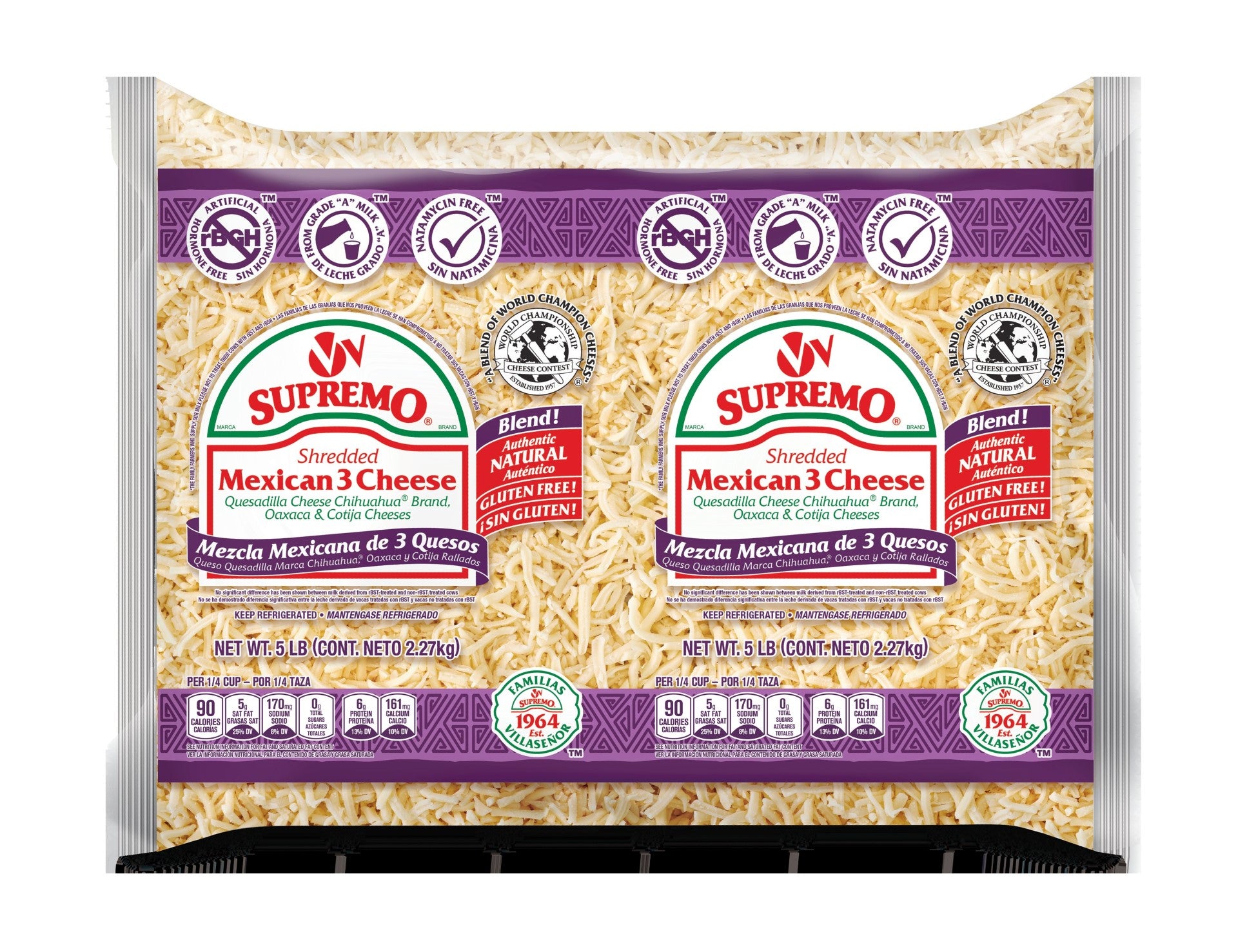 Supremo Mexican Cheese Blend 5 Pound Each - 4 Per Case.