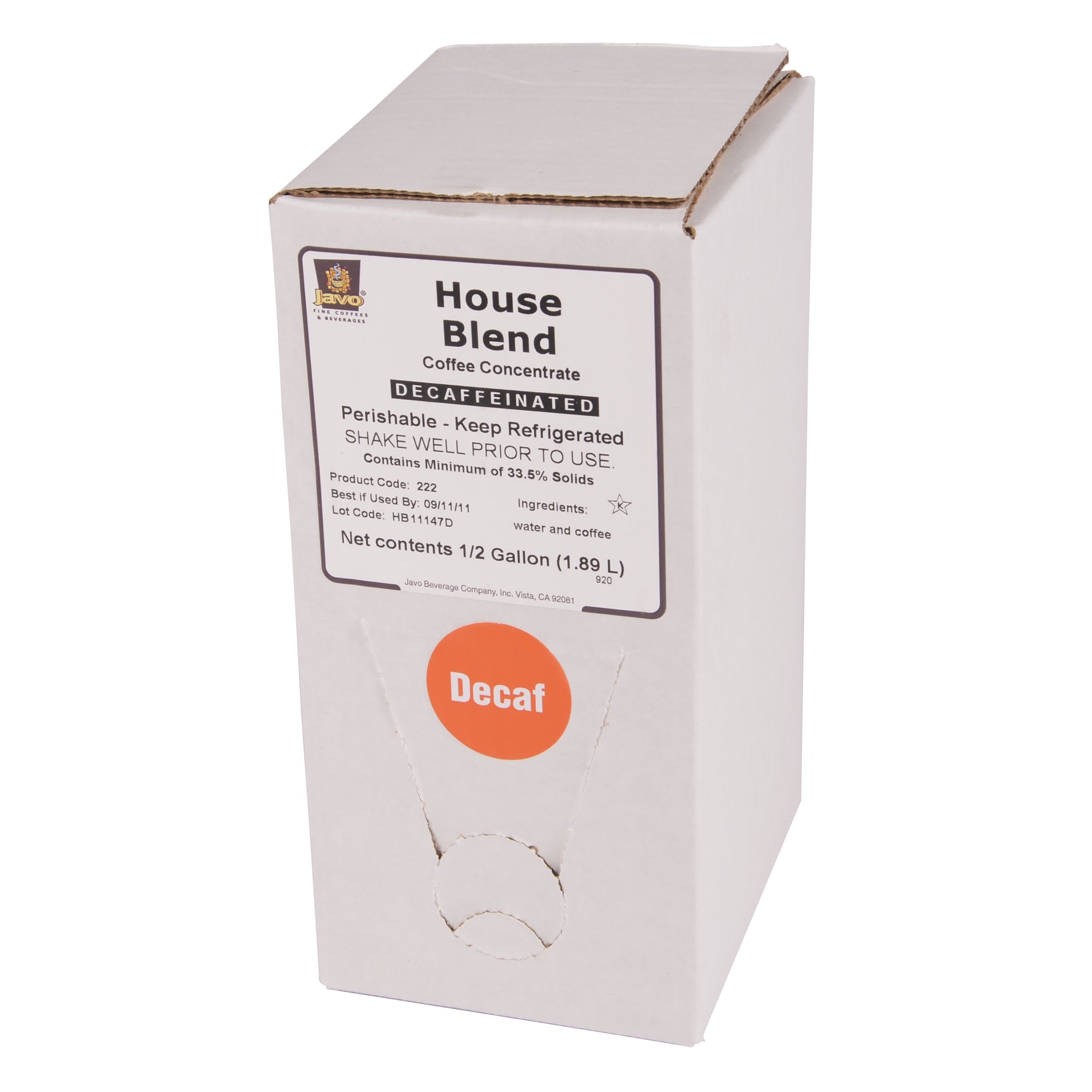 Javo Beverage House Blend Decaf Coffee Bag In Box 0.5 Gallon - 2 Per C