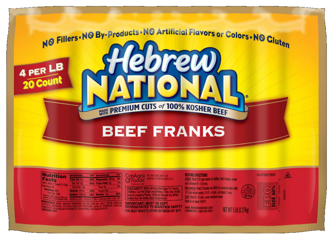 Hebrew National Kosher Beef Franks 6 Inch 5 Pound Each - 4 Per Case.